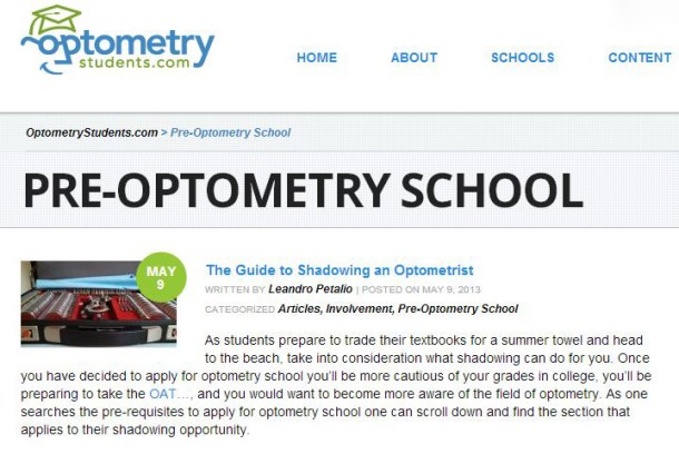 Webpage for Pre-optometry Students on www.OptometryStudents.com ...